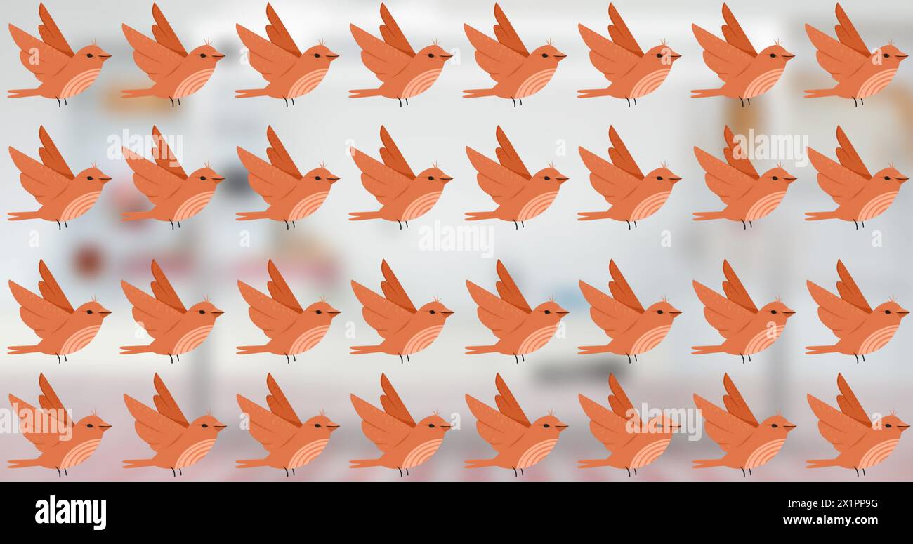 Multiple orange birds with wings spread are repeating across background ...