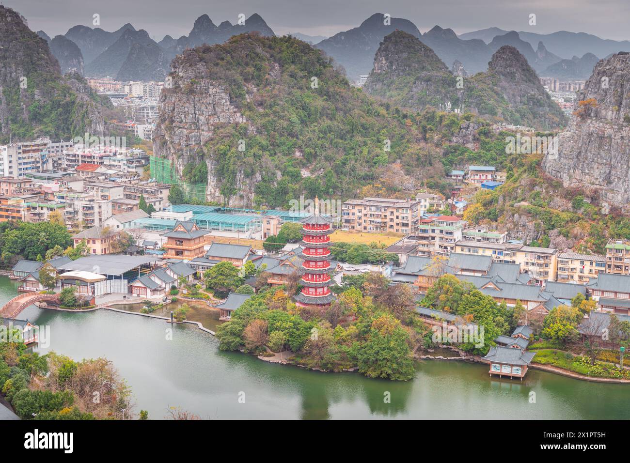 Scenic view of Mulong lake and Guilin city from top of Diecai Mountain ...