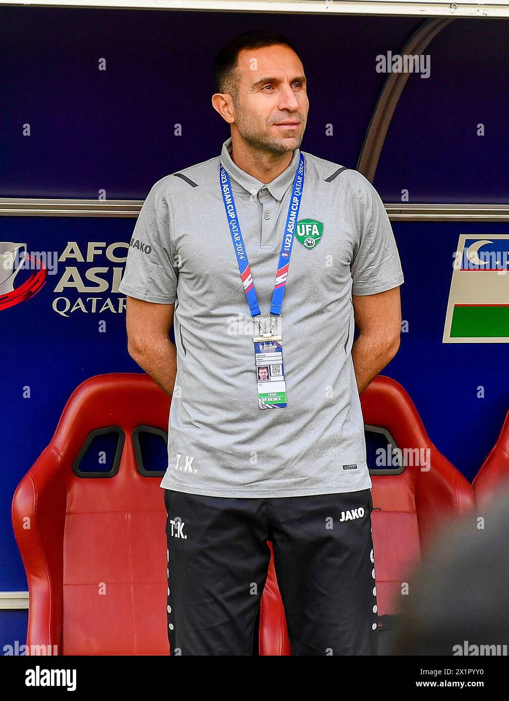 Doha, Qatar. 17th Apr, 2024. Timur Kapadze, head coach of Uzbekistan ...
