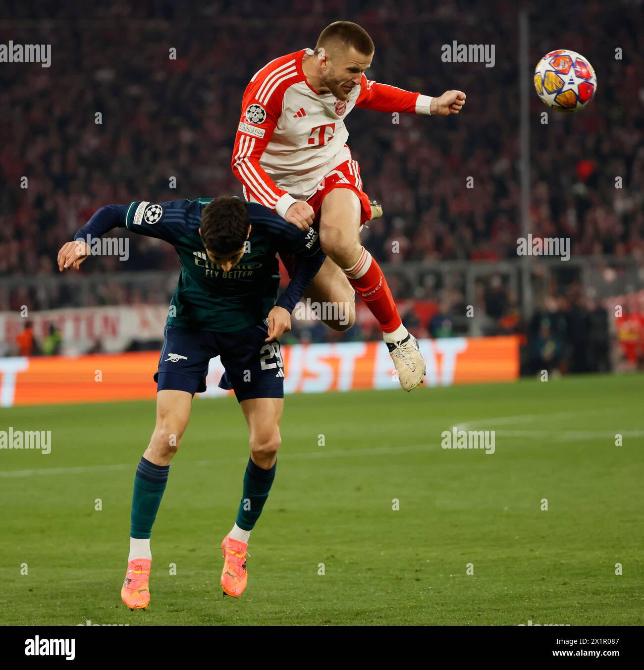 Munich, Germany. 17th Apr, 2024. Eric Dier (top) of Bayern Munich vies ...