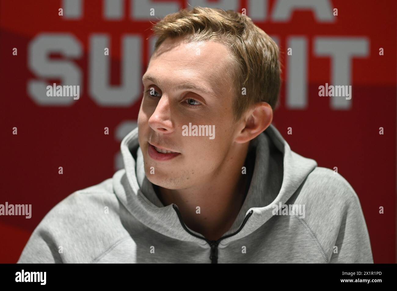 New York, USA. 17th Apr, 2024. Basketball Player Canyon Barry speaks at ...