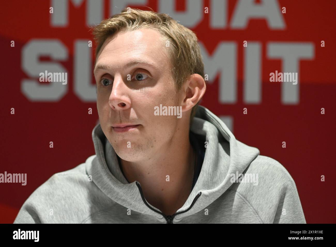 New York, USA. 17th Apr, 2024. Basketball Player Canyon Barry speaks at ...
