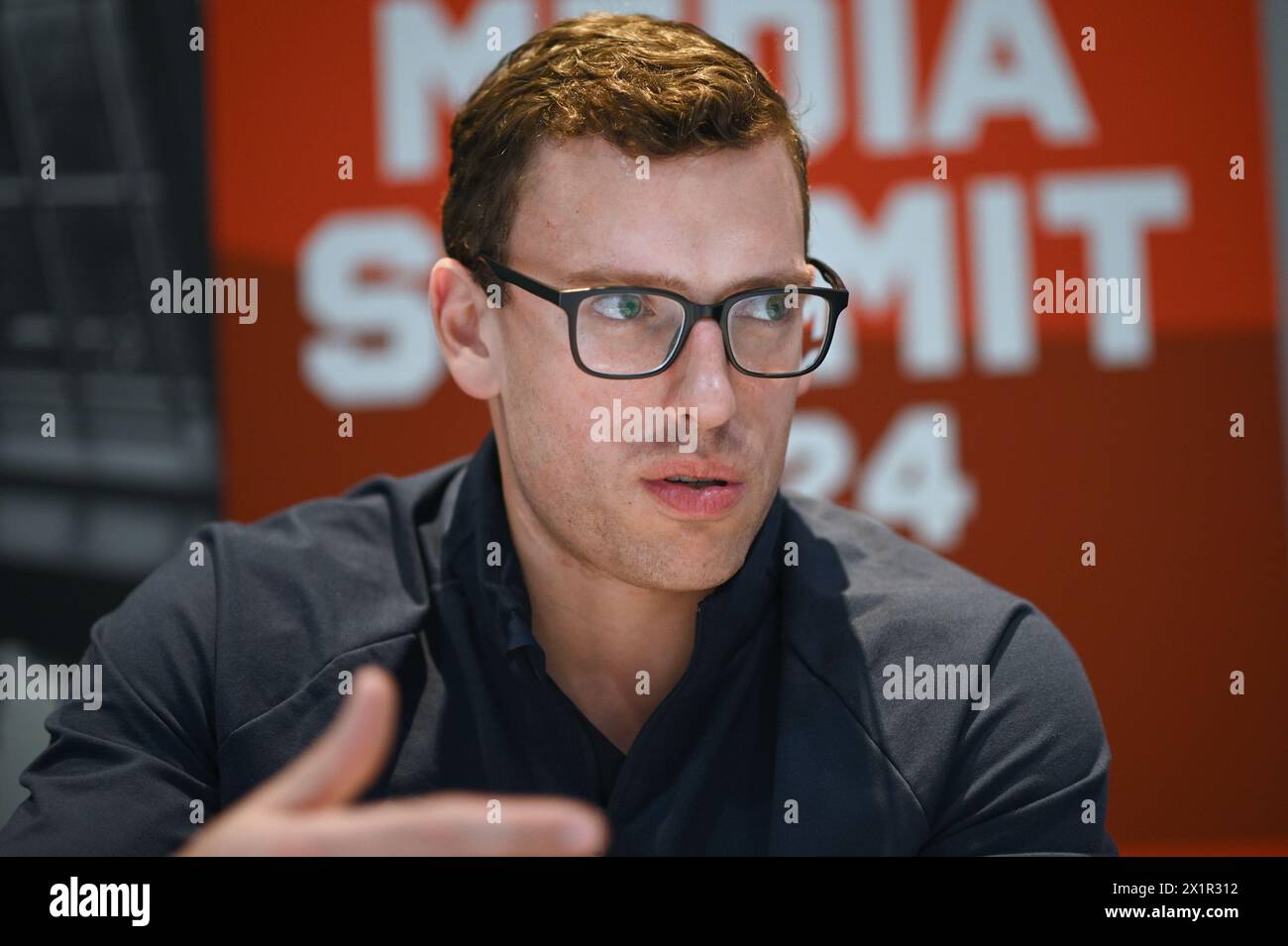 New York, USA. 17th Apr, 2024. Para Canoe athlete Blake Haxton speaks ...