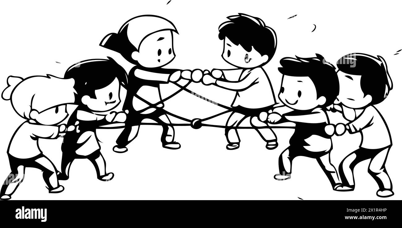 Cartoon kids playing tug of war. Vector illustration of kids pulling ...