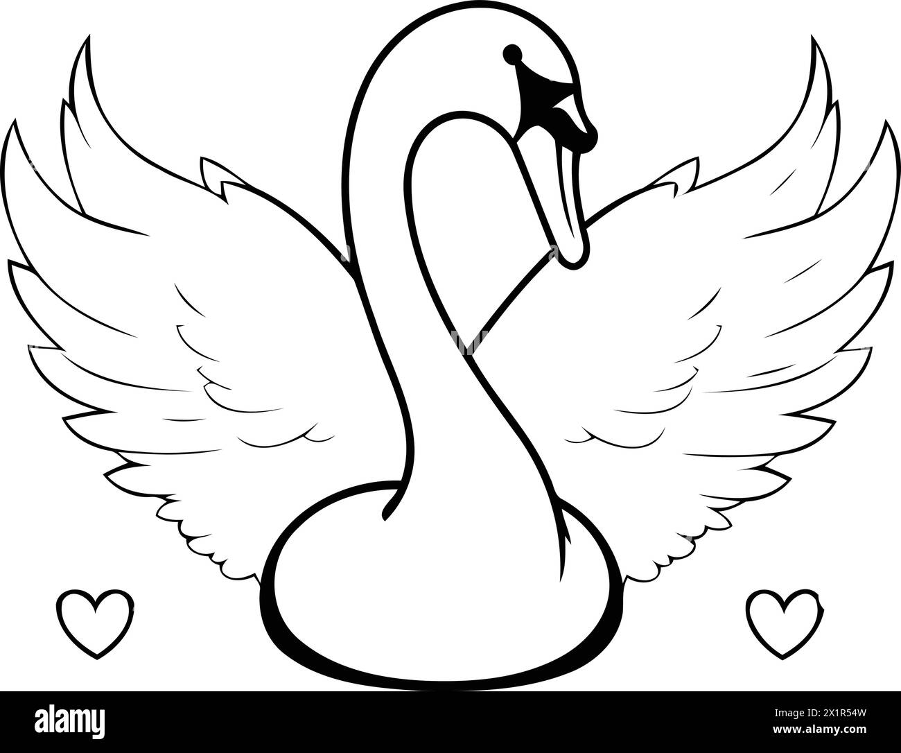White swan with wings and hearts on blue background. Vector ...