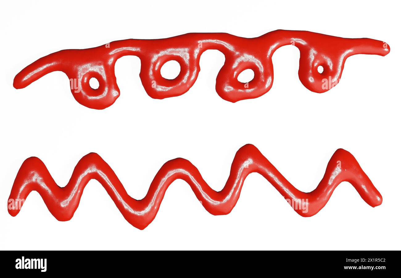 3d render of ketchup splatter strip and swirl top view for food or ...