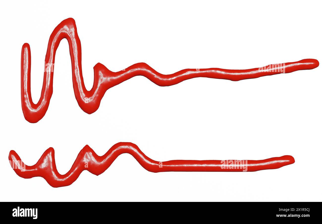 3d render of ketchup splatter strip and swirl top view for food or ...