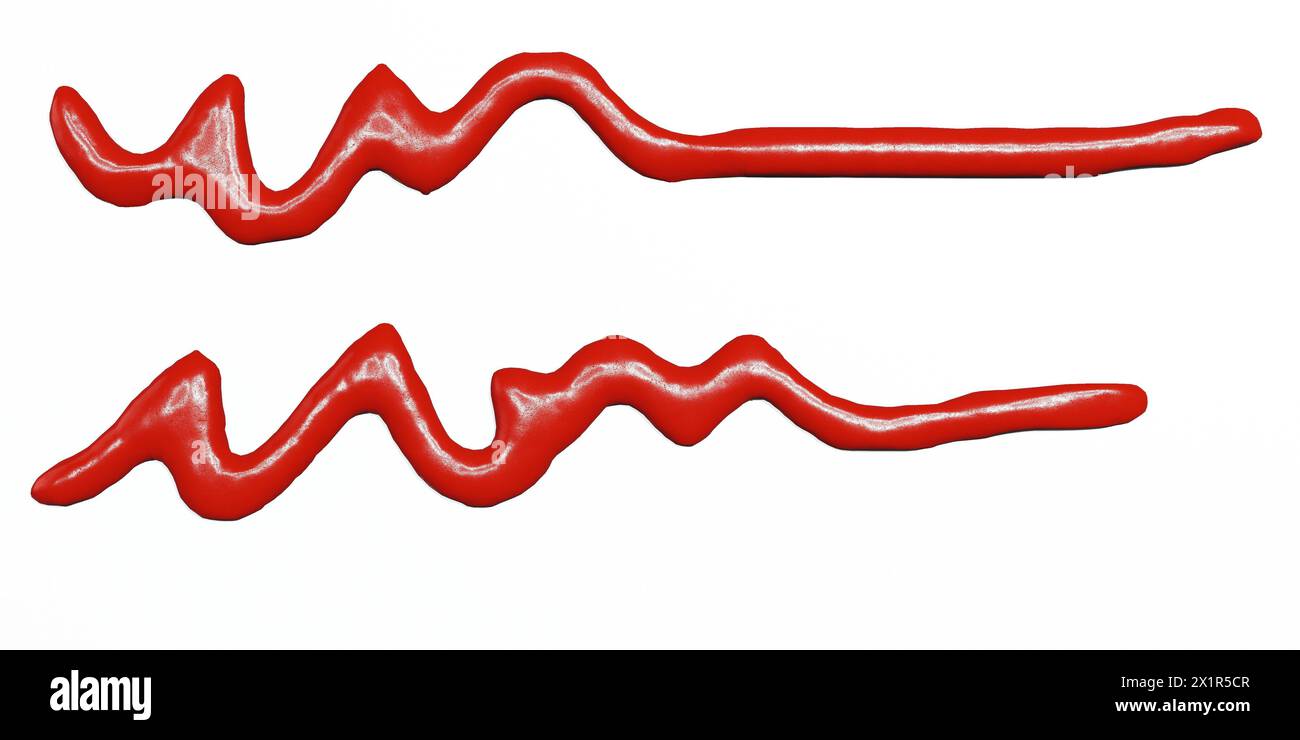 3d render of ketchup splatter strip and swirl top view for food or ...