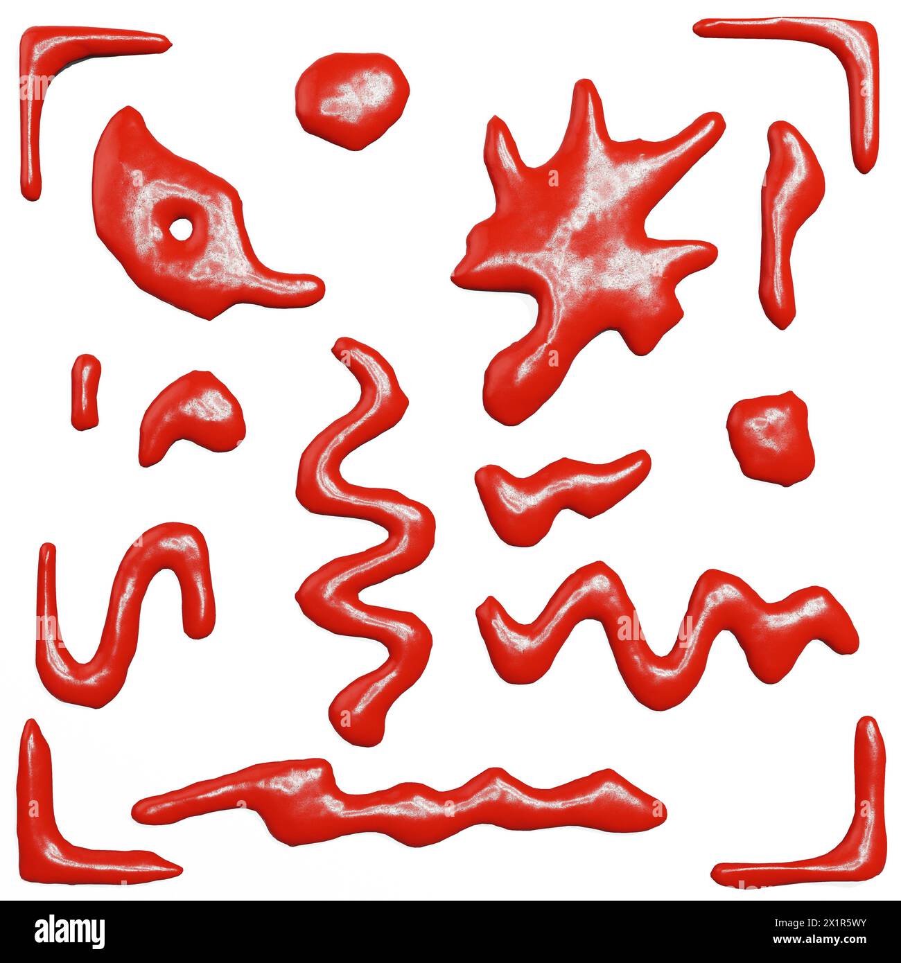 3d render of ketchup splatter strip and swirl top view for food or ...