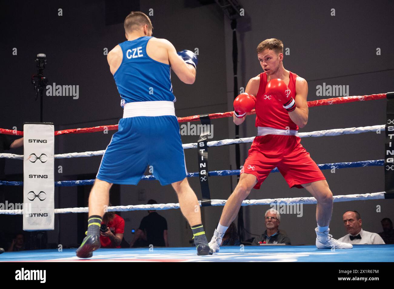 Pueblo, Colorado, USA. 17th Apr, 2024. Lewis Richardson of Great Britain(Red) defeats Milos ...