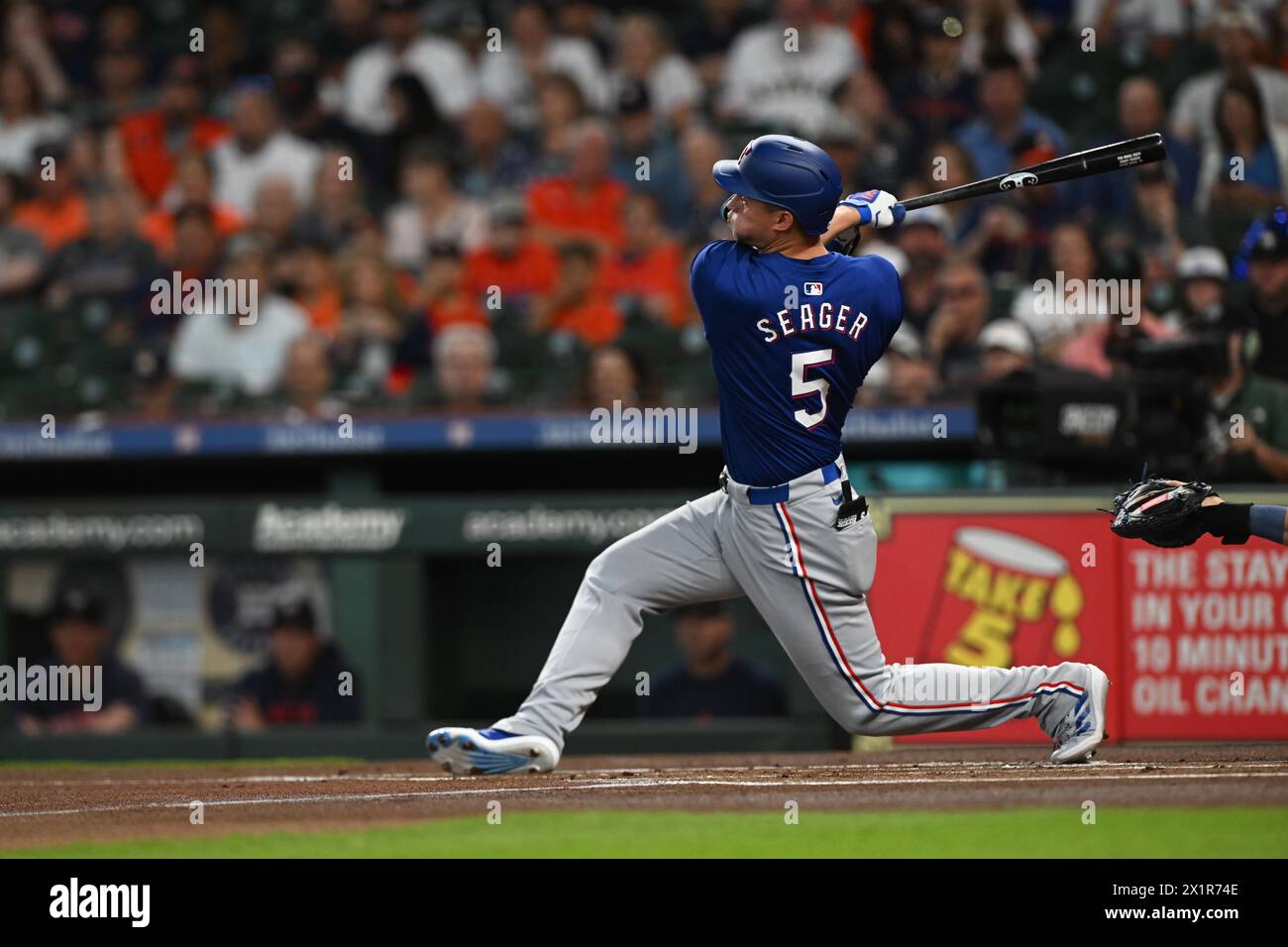 Texas Rangers shortstop Corey Seager (5) hits a double during the MLB baseball game between the ...