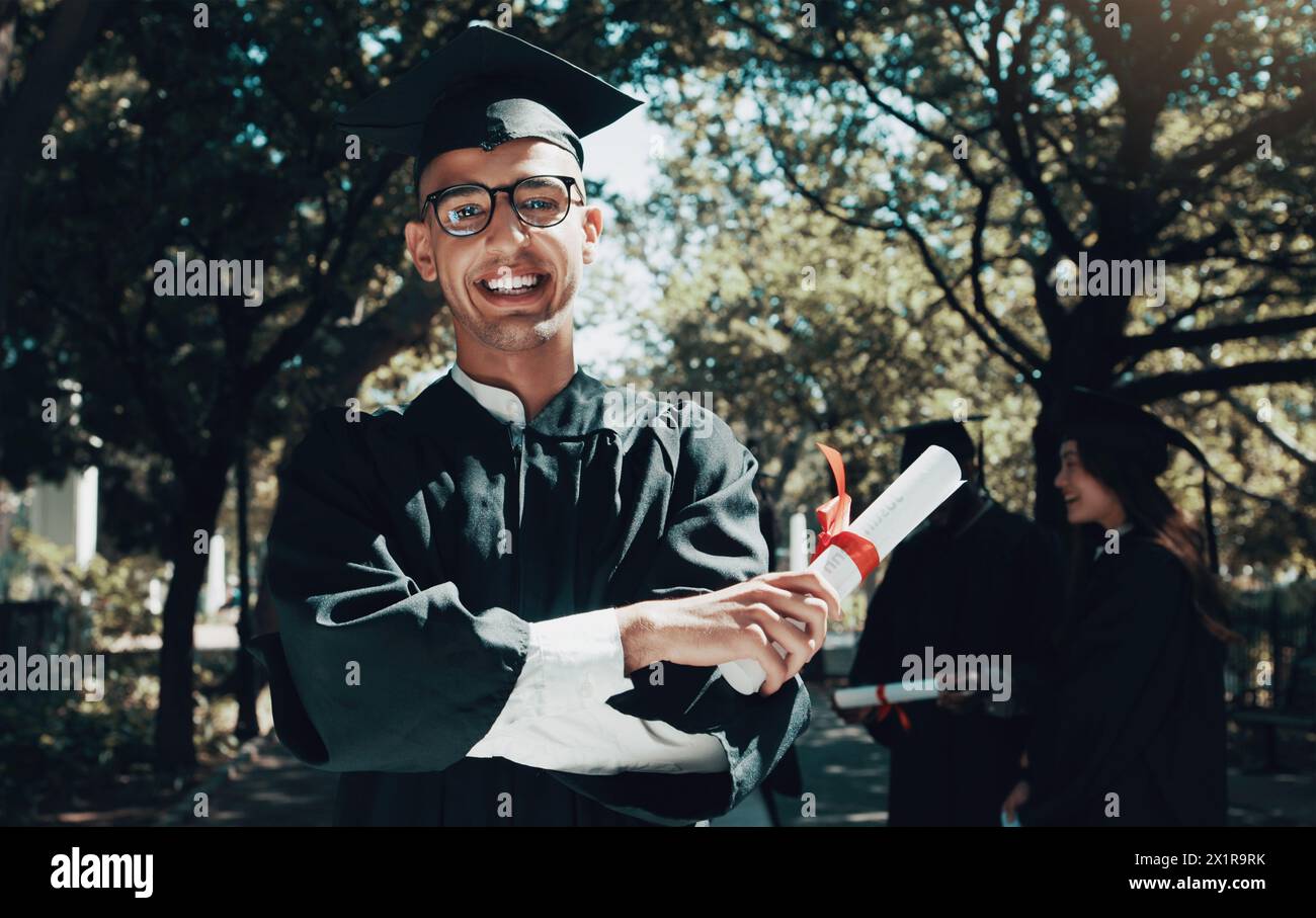 Campus, graduation and student in portrait with certificate, cap and ...