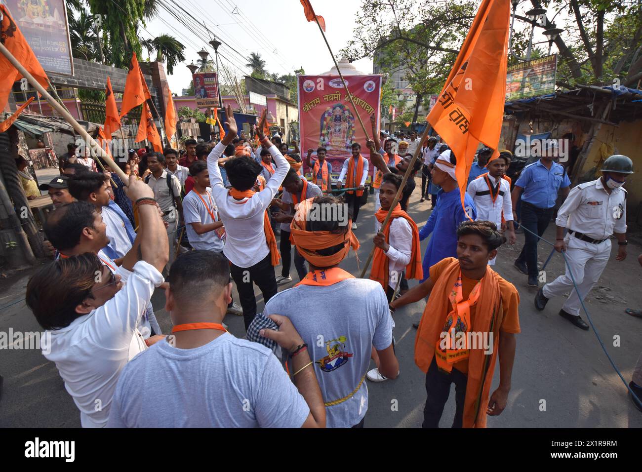 Kolkata, India. 17th Apr, 2024. Hindu devotees hold the idol of Lord Ram while take part during ...