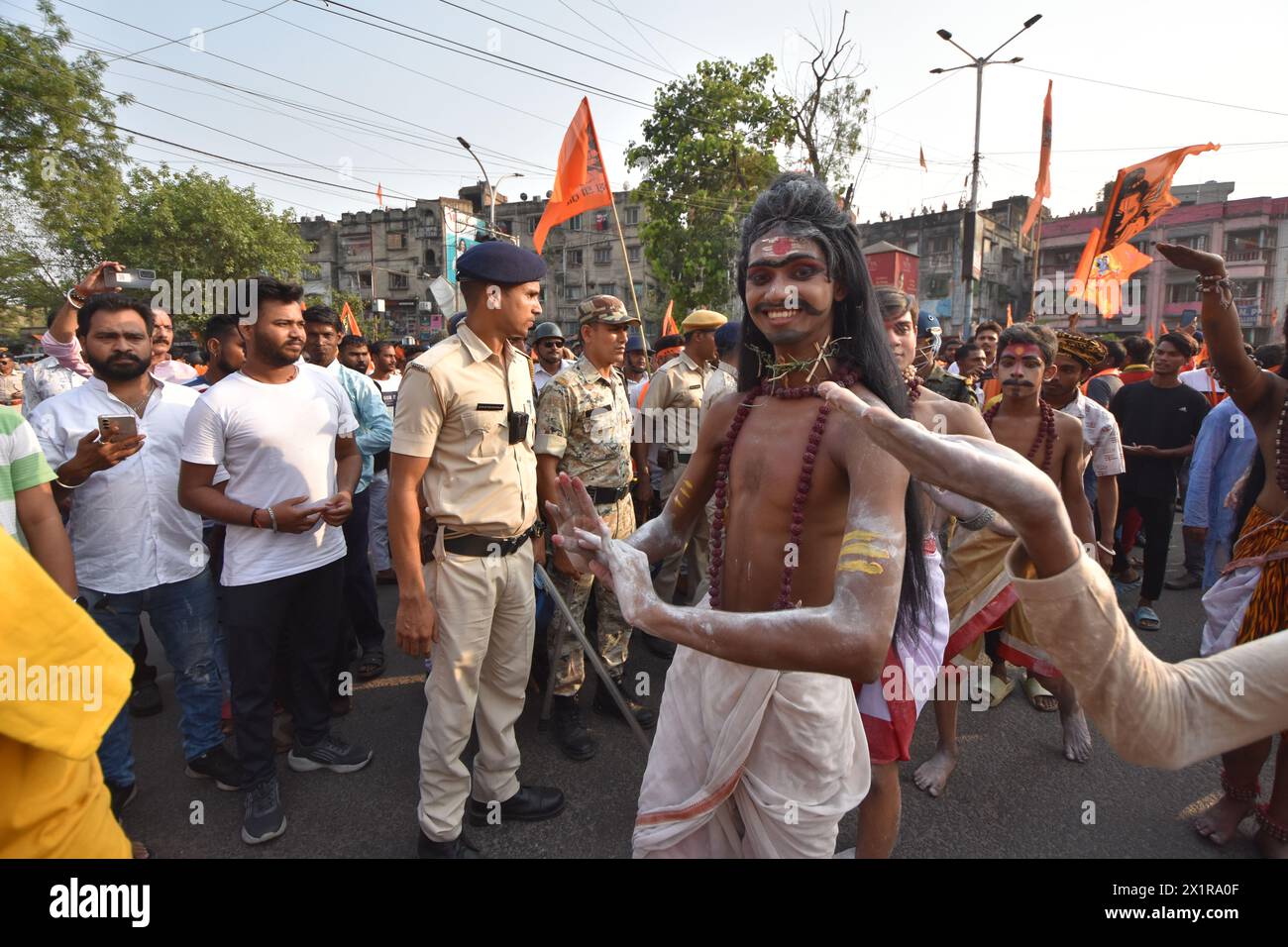 Kolkata, India. 17th Apr, 2024. Hindu devotees hold the idol of Lord Ram while take part during ...