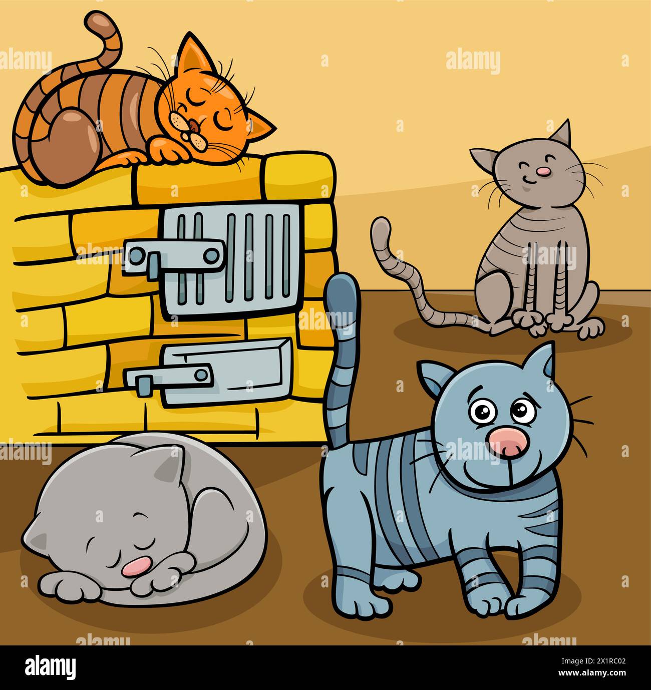 Cartoon illustration of funny cats comic animal characters at home ...