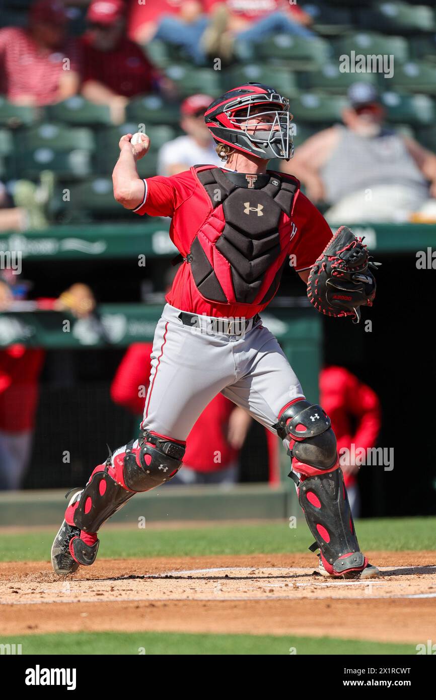 April 17, 2024: Texas Tech catcher Kevin Bazzell #4 makes a throw down ...