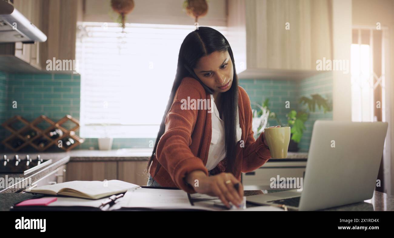 Remote work, phone call and woman with laptop and documents for project ...