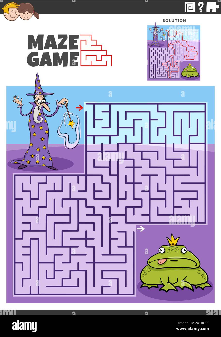 Cartoon illustration of educational maze puzzle activity with wizard ...