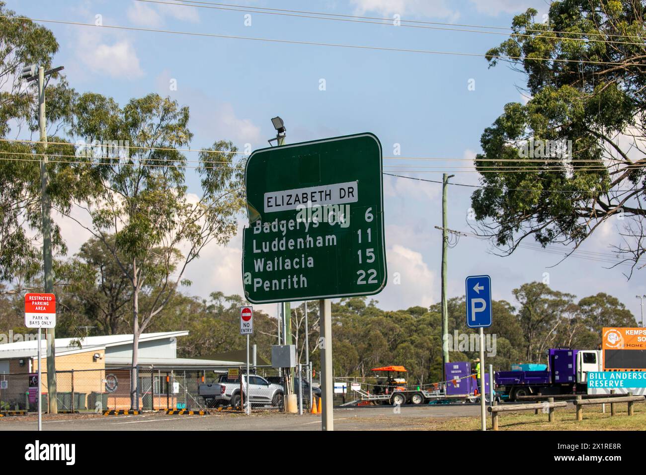 Road sign on Elizabeth Drive in Kemps Creek, with driving distances to ...