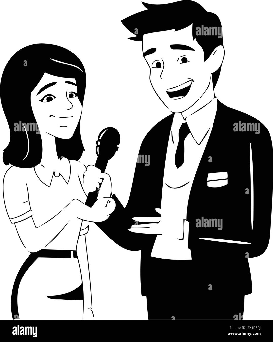 Woman interviewing man microphone Black and White Stock Photos & Images ...