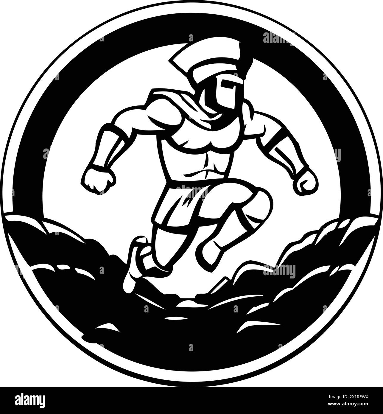 Mascot illustration of a superhero running on a rock viewed from the ...