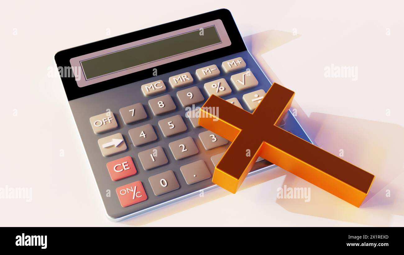 3d rendering of a calculator and gold cross on the white background ...