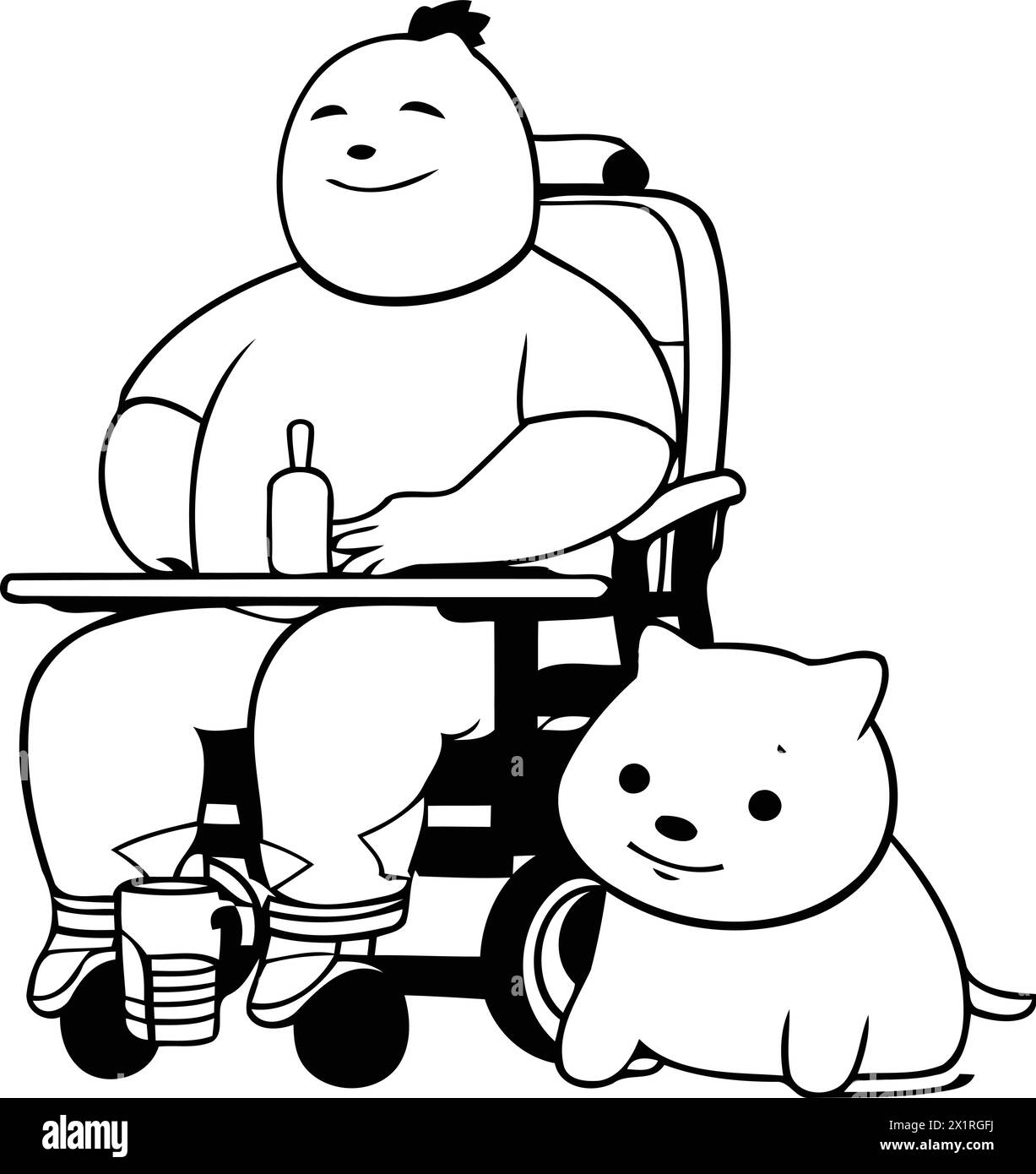 Fat man sitting in a wheelchair with a cat. Vector illustration Stock ...
