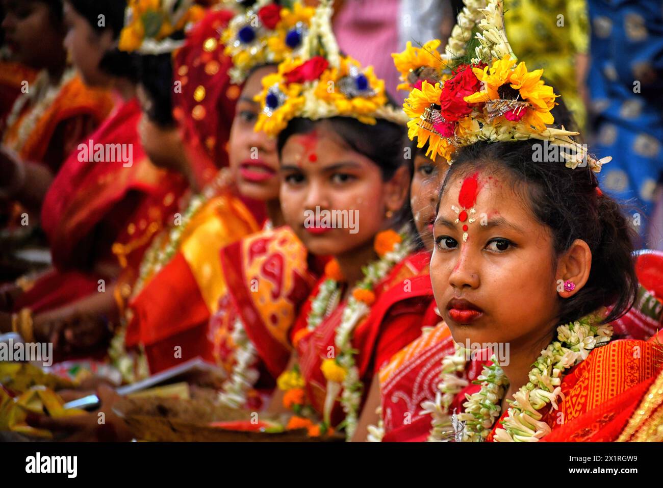 Young girls are seen during the Kumari Puja at the adyapith temple ...