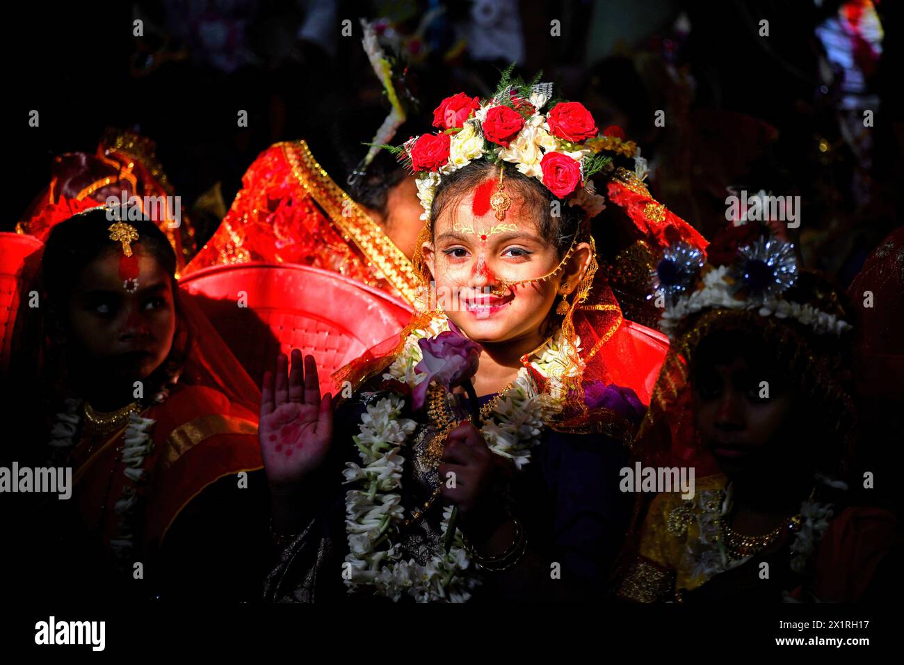 A young girl is seen posing for a photo in the Kumari Puja at the Adyapith temple. Kumari Puja ...