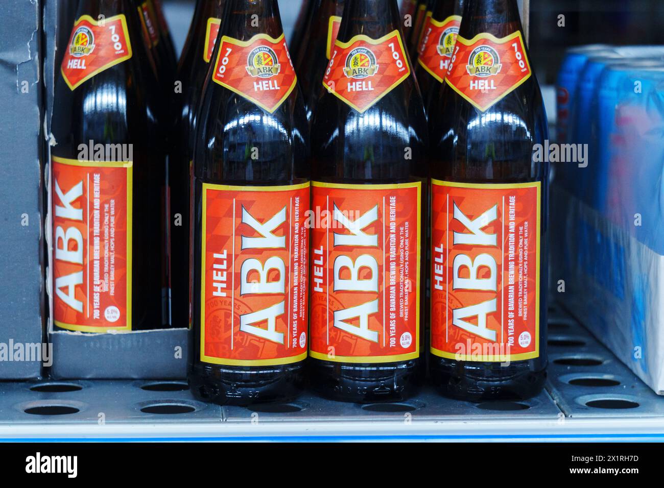 Tyumen, Russia-March 02, 2024: ABK lager beer bottles close up ...