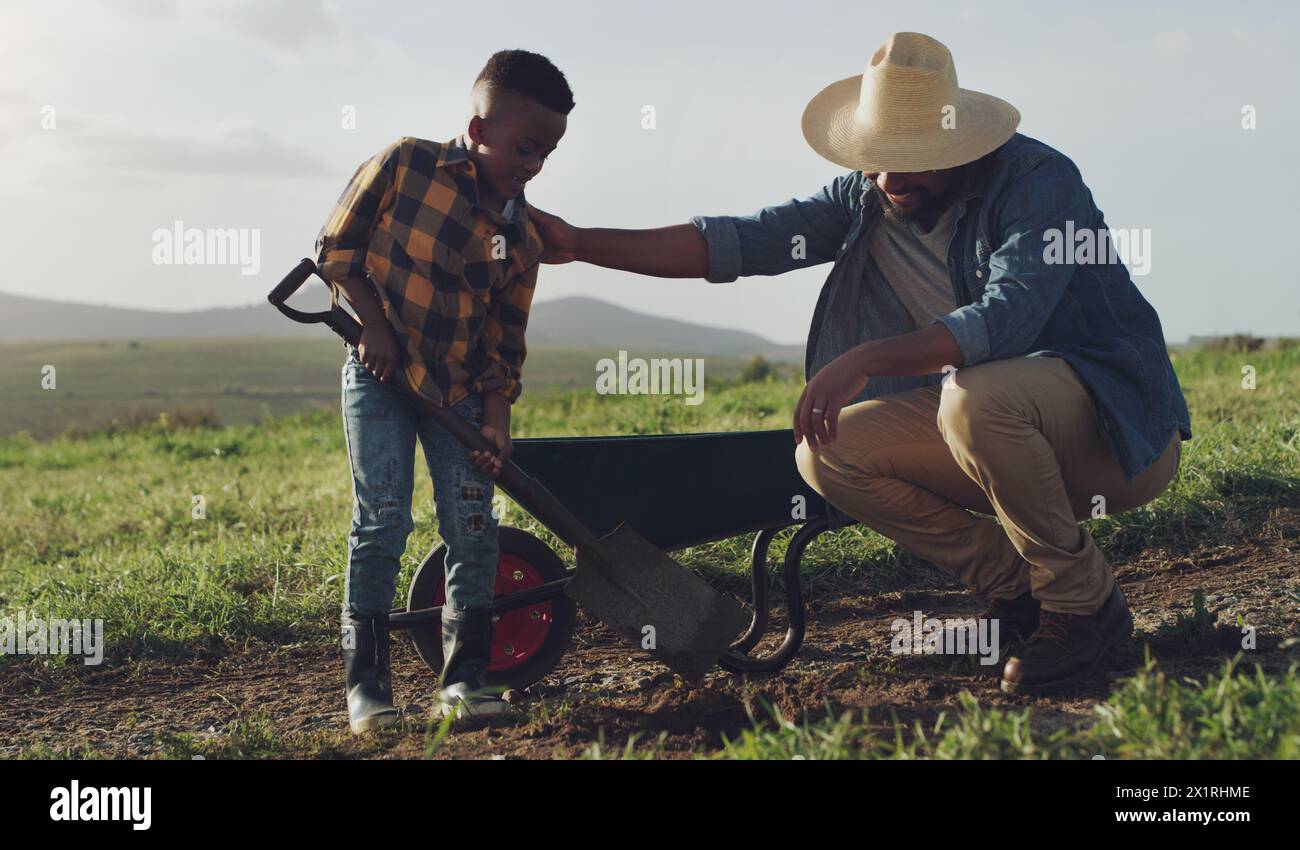 Farm, agriculture and father and kid help for farming, planting ...