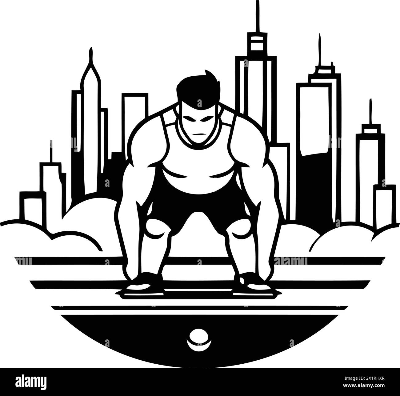 Fat man doing push-ups on the background of the city. Vector ...