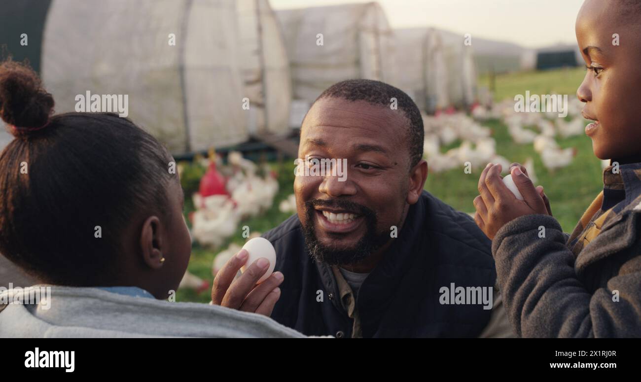 Father, children and farm with chicken egg at countryside for harvest ...