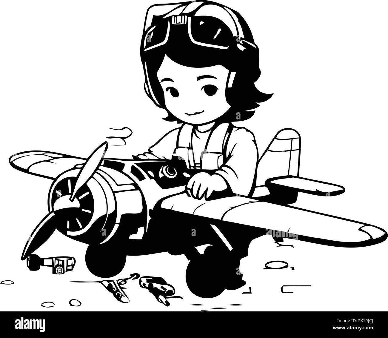 Cartoon aviator with old airplane. Vector illustration isolated on ...