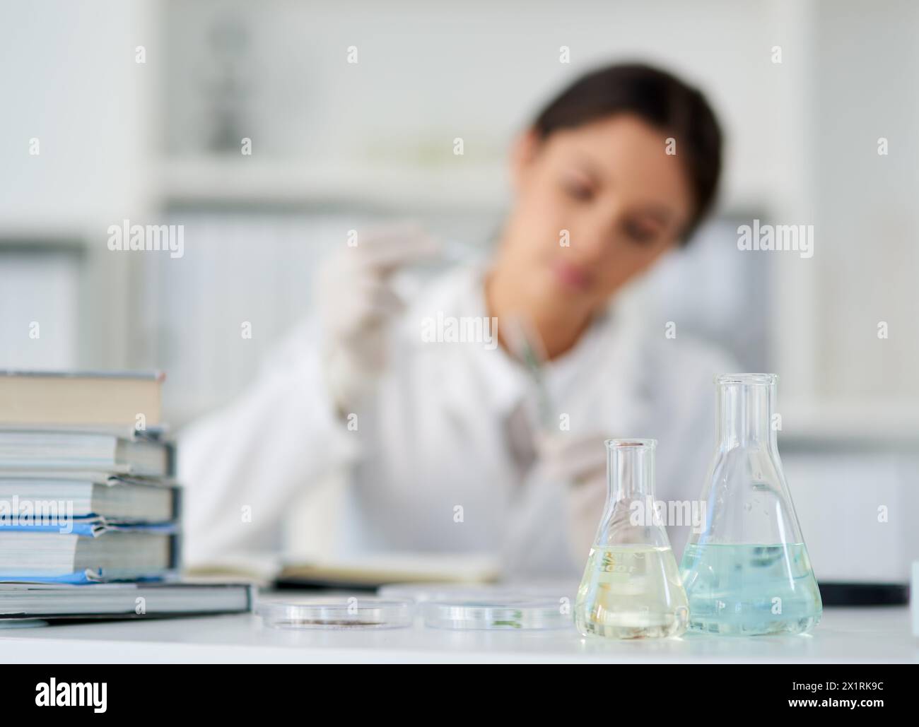 Lab, glass and chemical for research study with experiment, beaker and ...