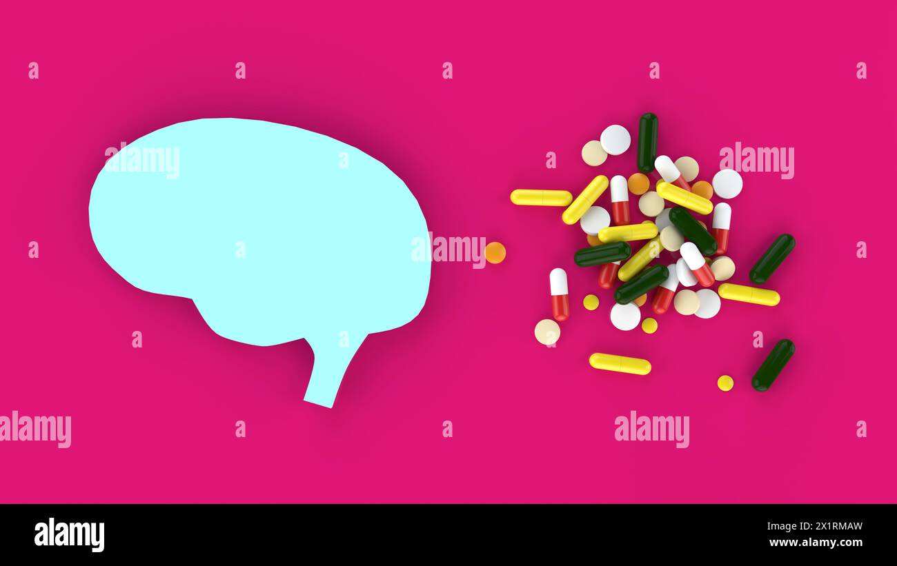 Assorted medical pills and human brain with red background in ...