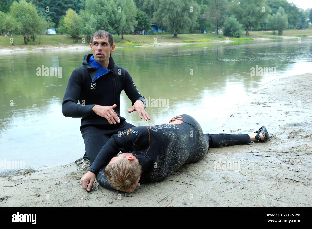 Lifeguard diver showing position of drowning body before doing ...