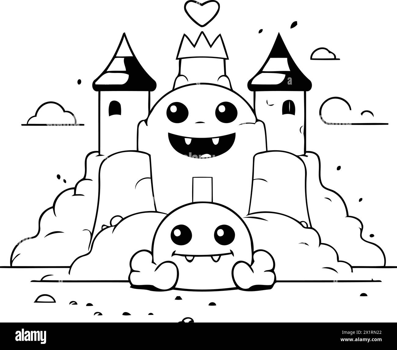 Funny cartoon castle on the sand. Vector illustration in a flat style ...