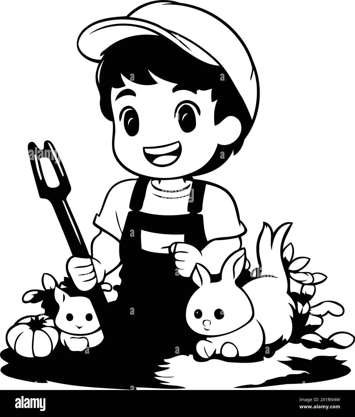 Vector illustration of Cute cartoon farmer with rabbit and cat on ...