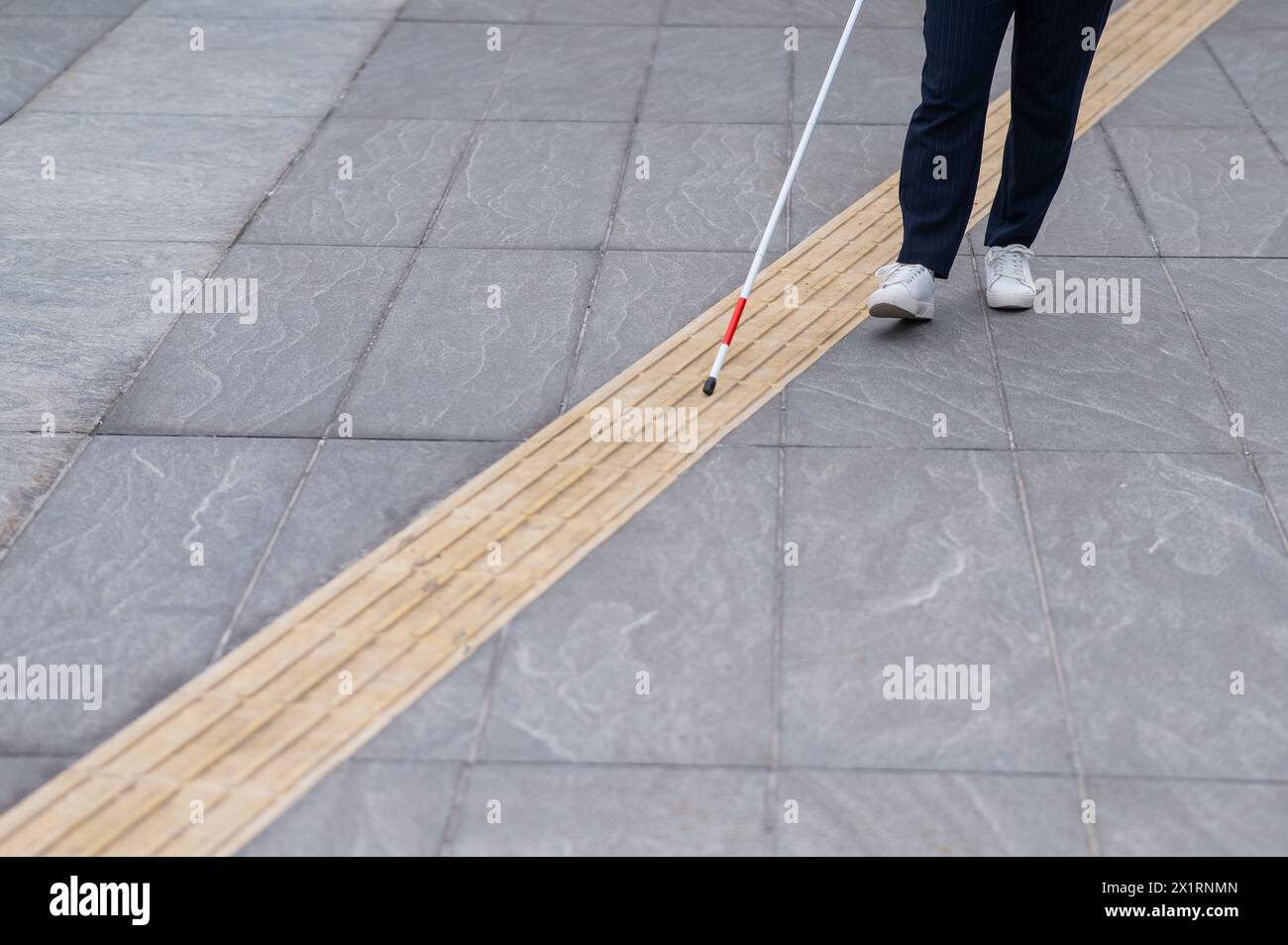 Close-up of the legs of a blind businesswoman walking along a tactile ...