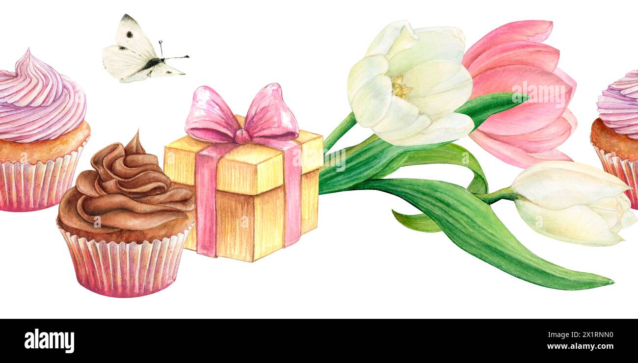 Cupcake present box watercolor drawing border seamless. Flower tulip ...