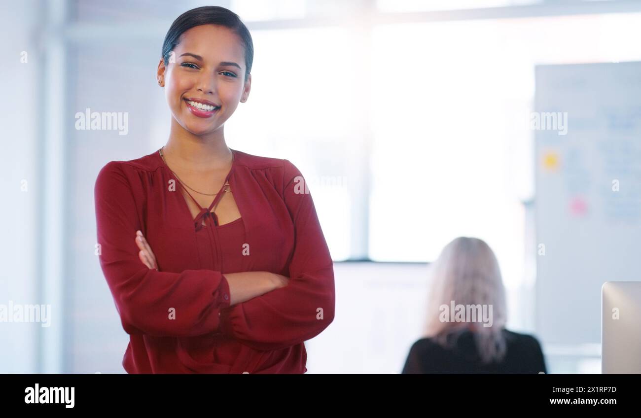 Business, happy and portrait of girl in office for internship as ...