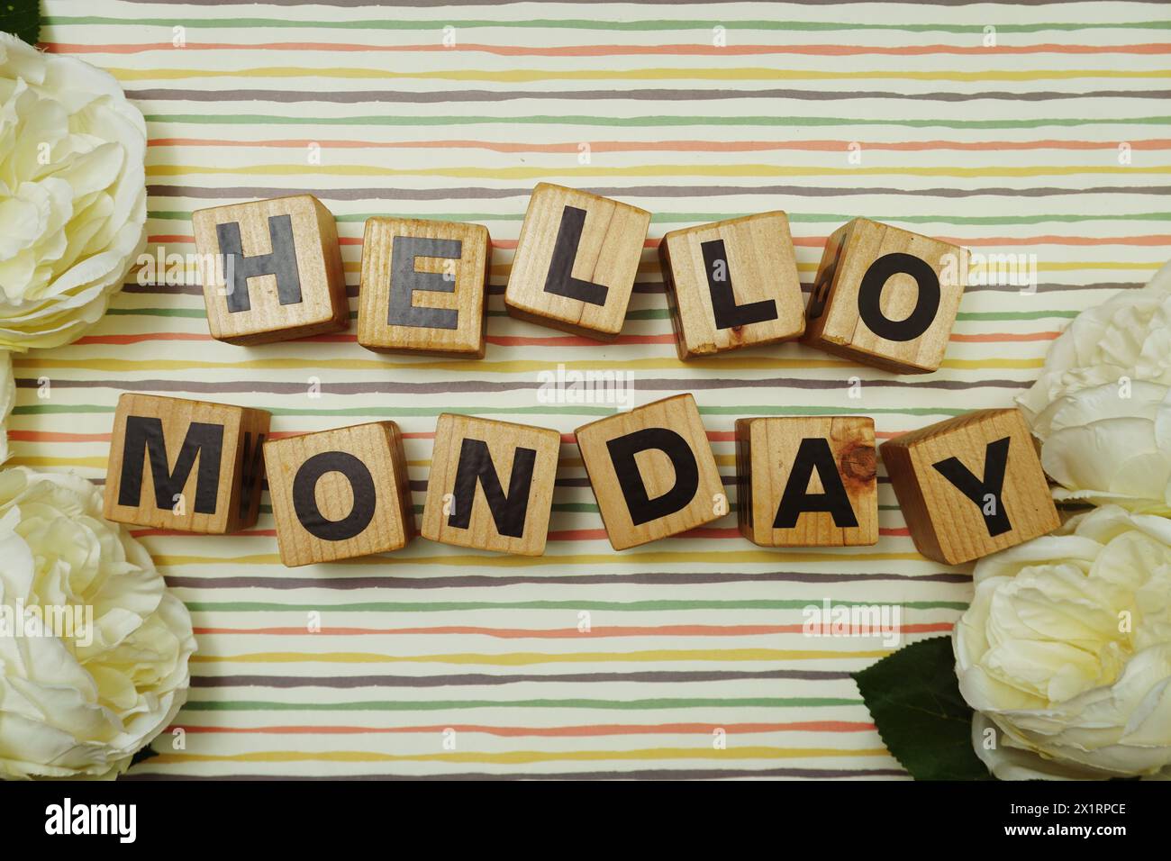 Hello Monday alphabet letters on colorful stripes background Stock ...