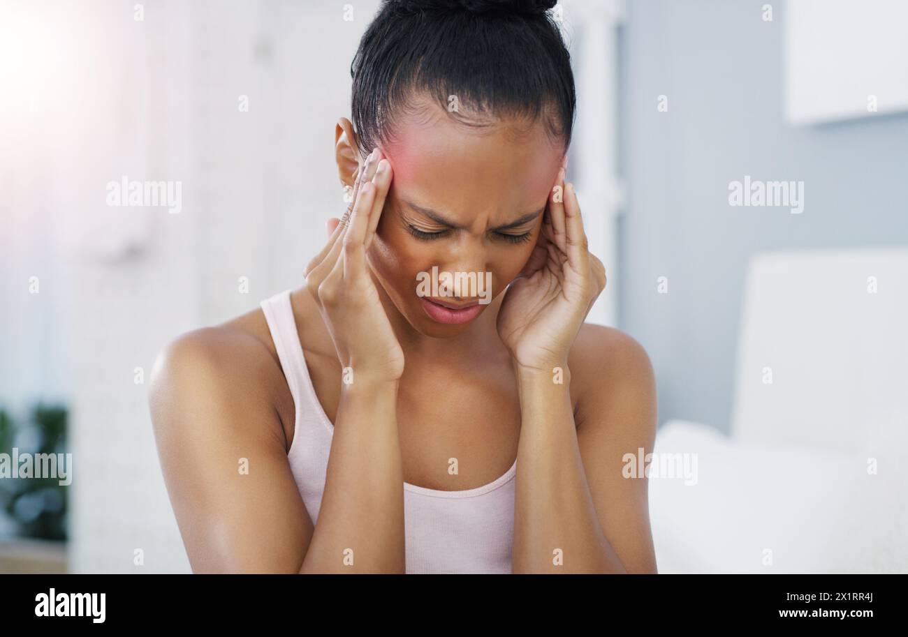 Woman, pain and migraine pressure in home with red overlay for brain ...