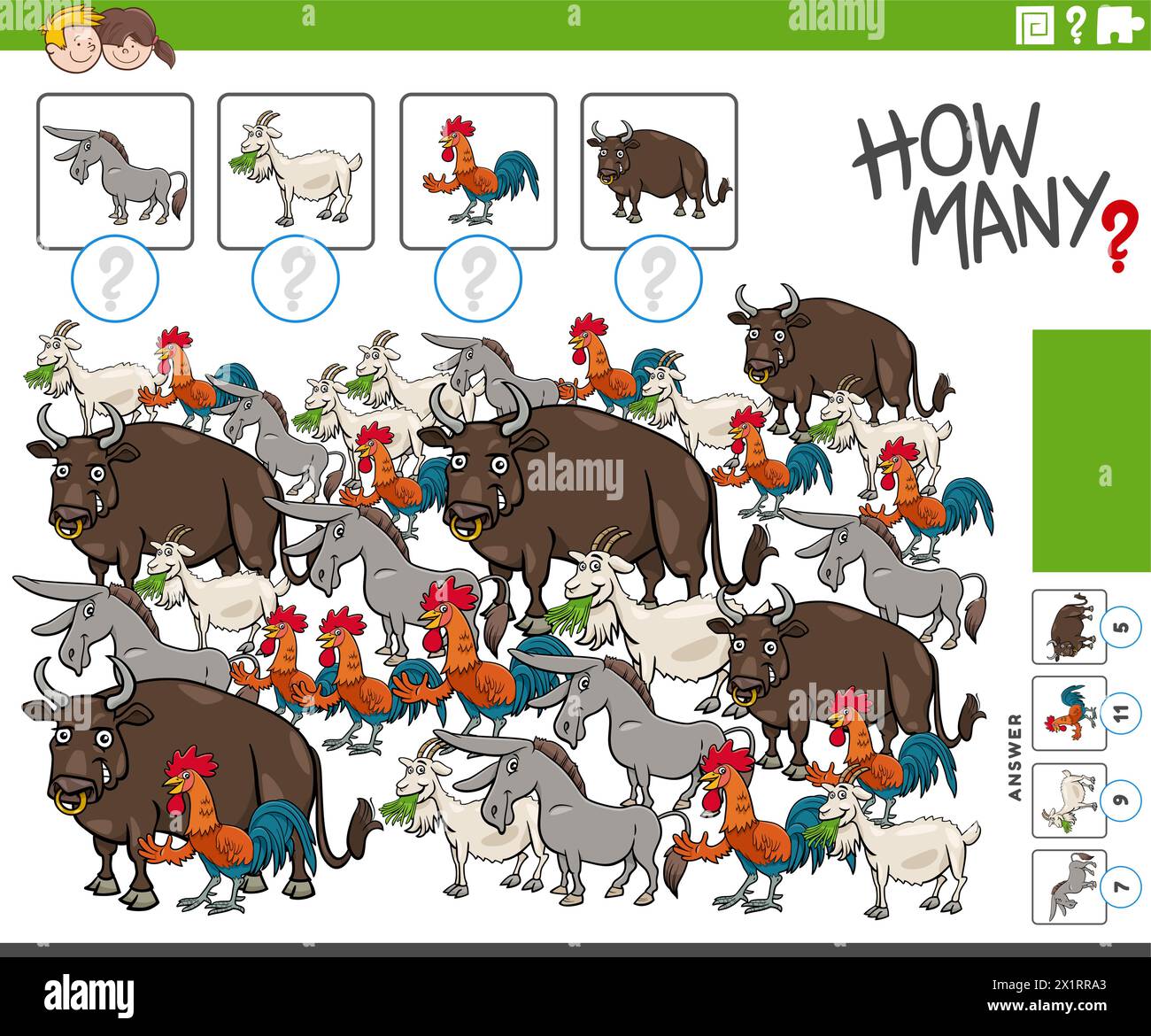 Cartoon illustration of educational counting game with comic farm animal characters Stock Vector ...