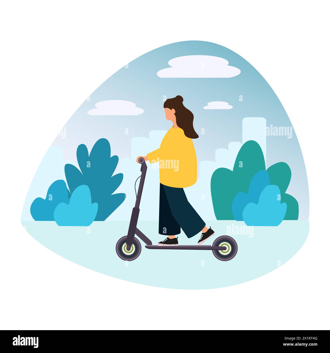 A young girl rides an electric scooter around the city. View on the ...