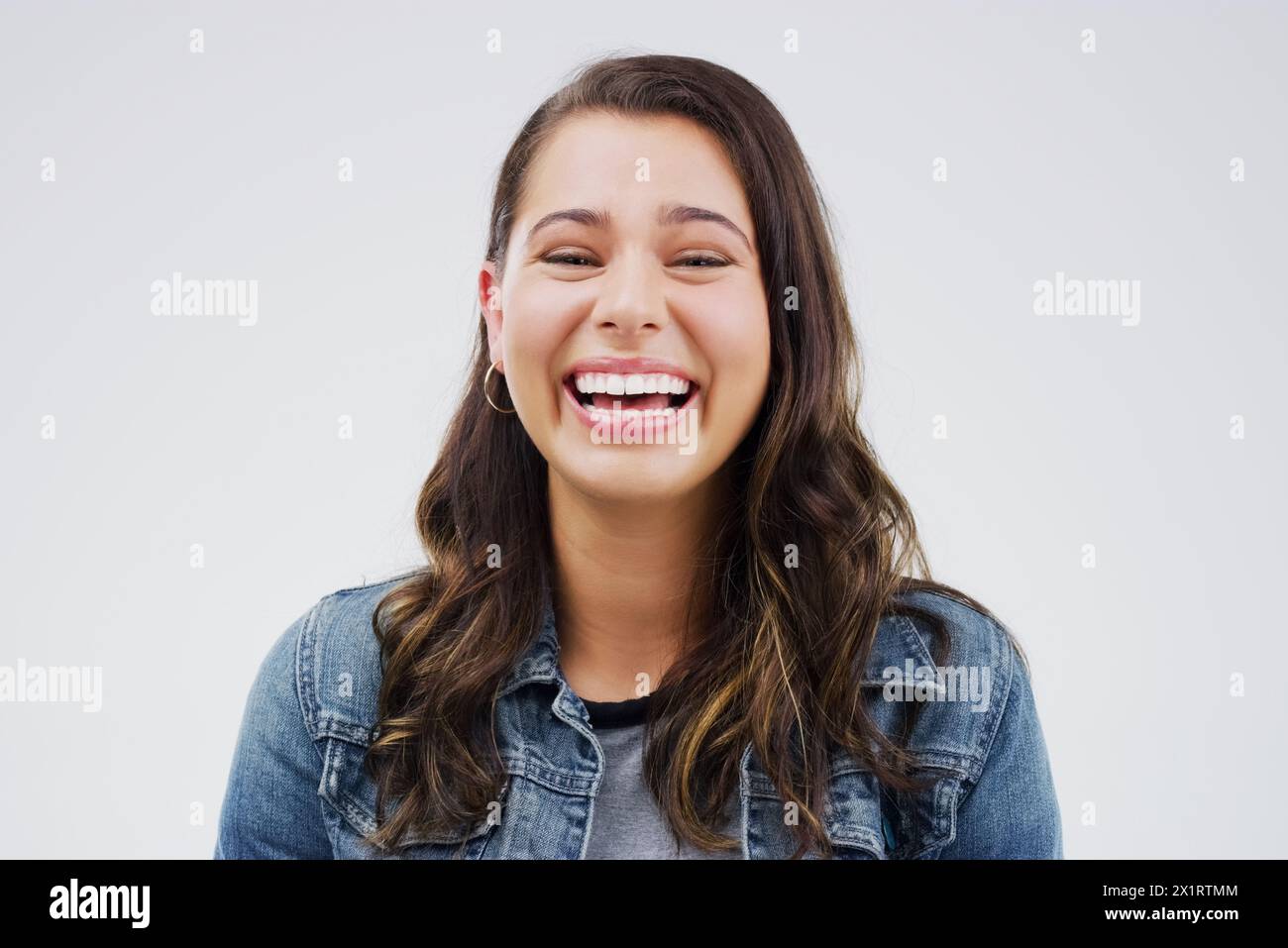 Portrait, woman and happy with laugh by studio background for mockup ...