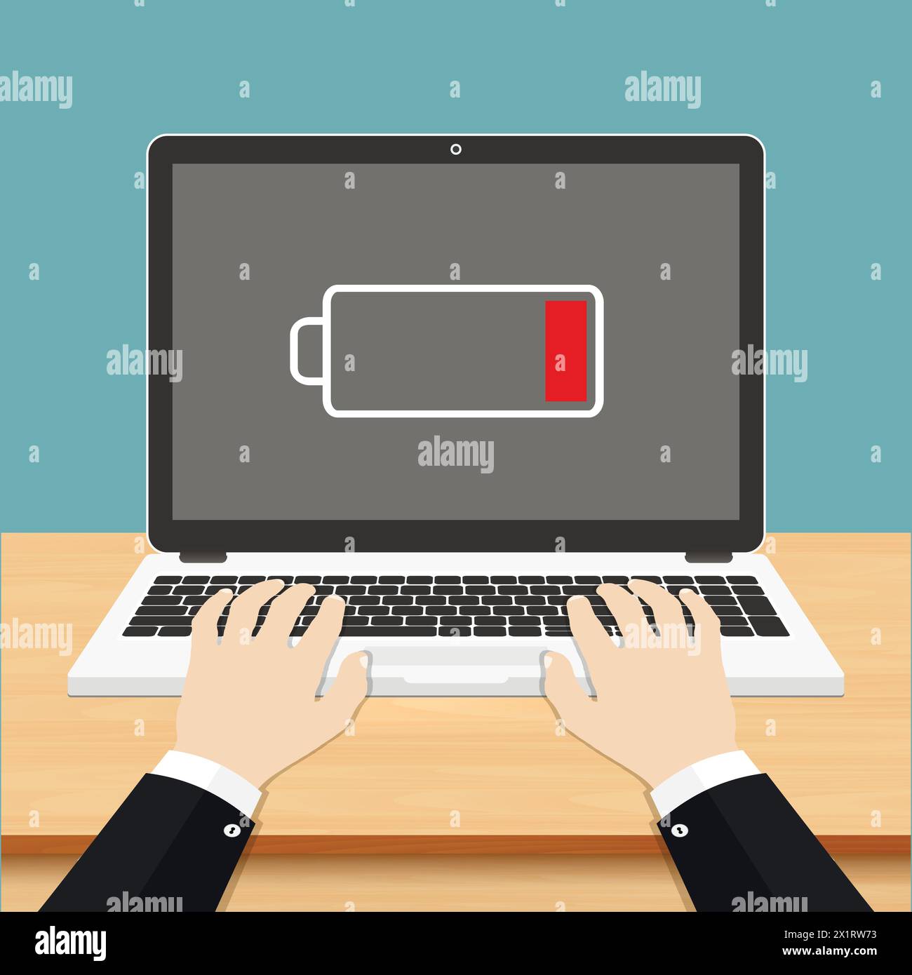Laptop with low battery sign on screen. Hands on the laptop. Vector ...
