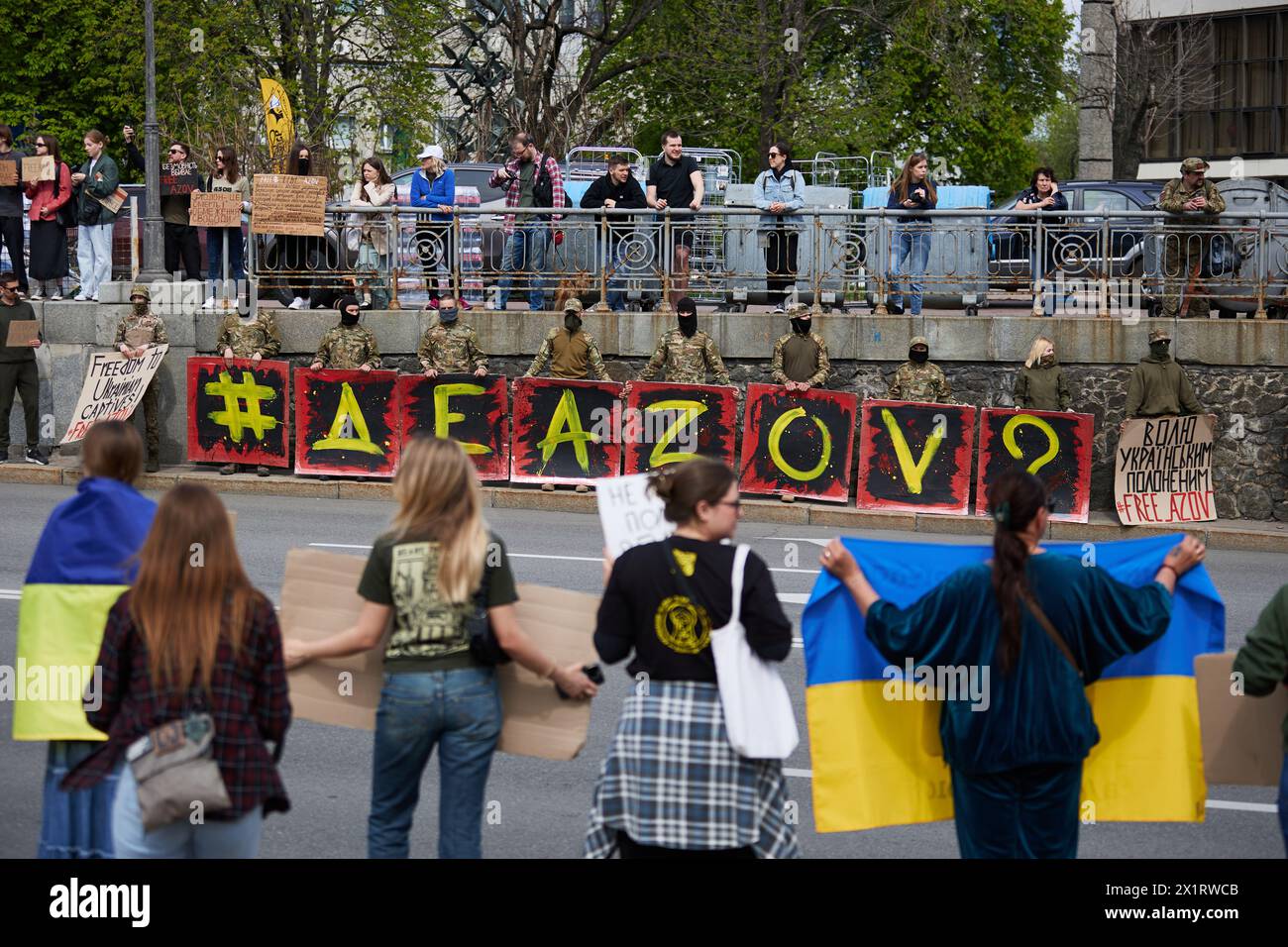 Ukrainian soldiers demonstrating with banner "Where Is Azov?" on a ...