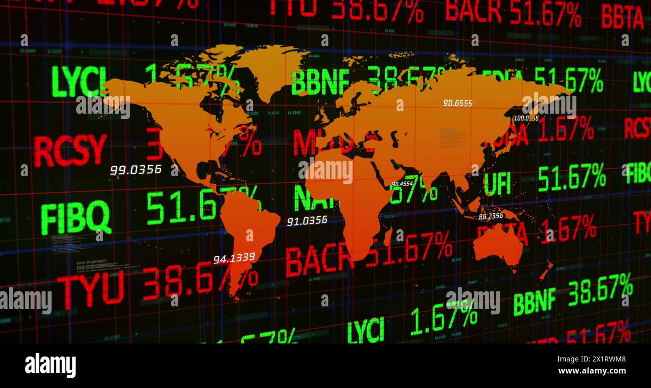 A world map displays various stock market numbers in glowing red and ...